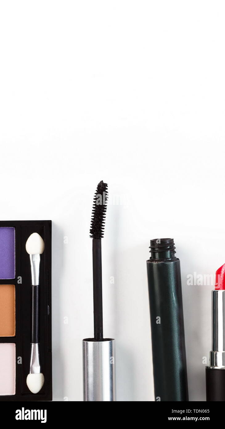 Makeup cosmetics tools and essentials background, copy space Stock ...