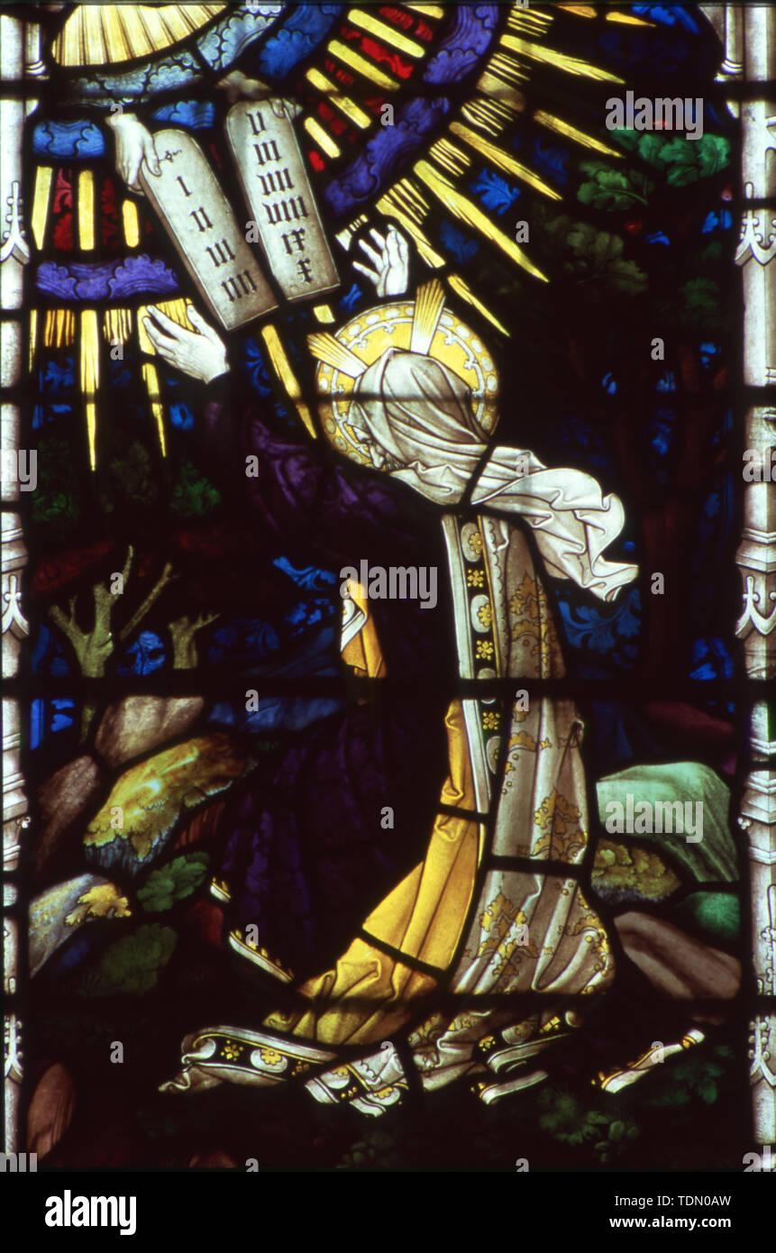 Stained glass window, Moses receives the Ten Commandments, St ...