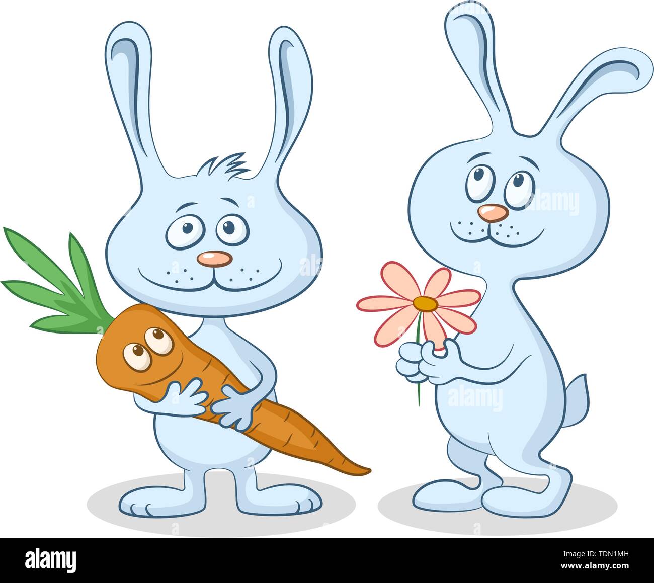 Cartoon Rabbits Funny Characters With Carrot And Flower Isolated On
