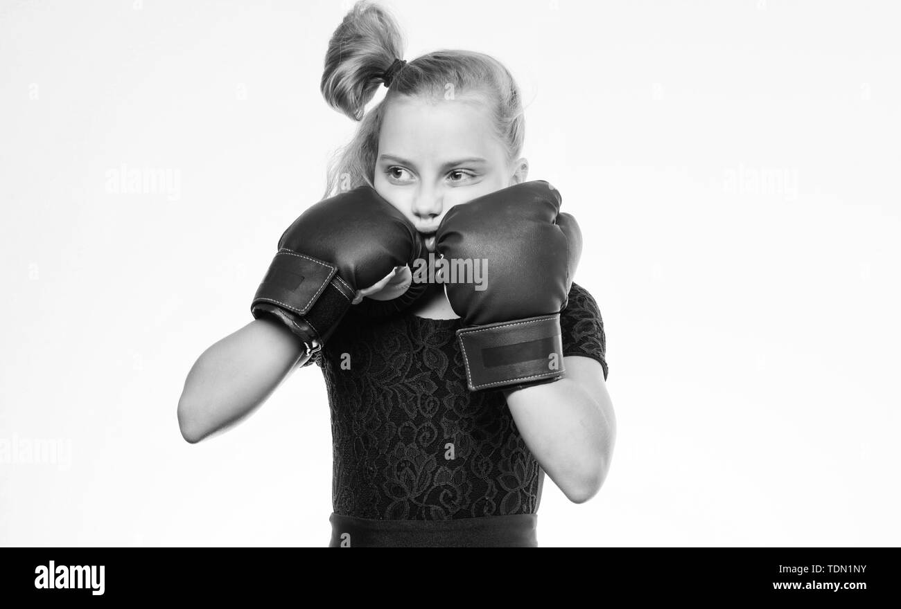 Boxing sport for female. Be strong. Girl child with blue gloves posing ...