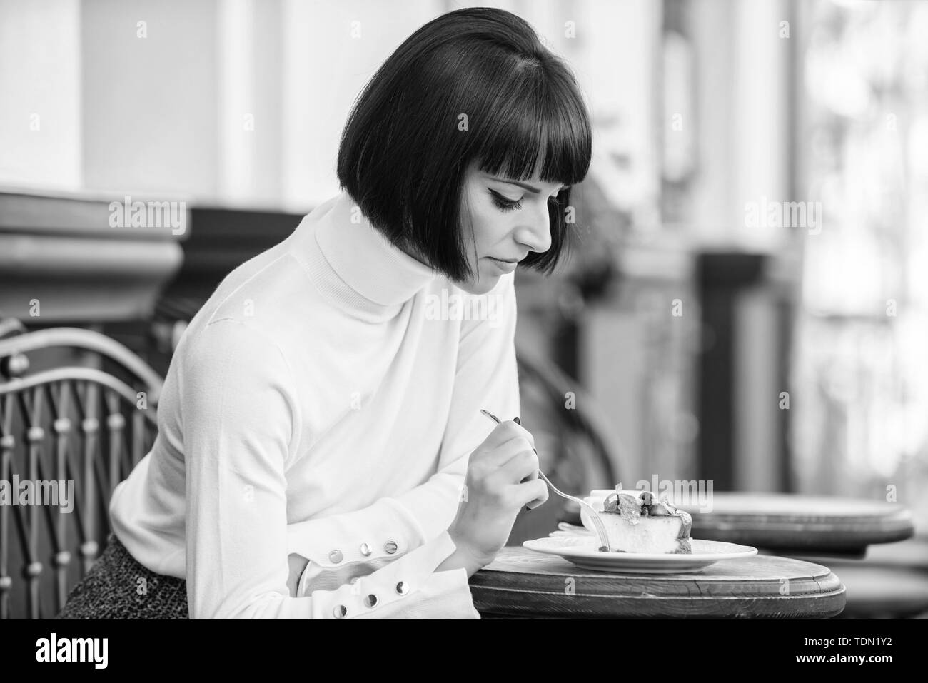 Delicious gourmet cake. Girl relax cafe with cake dessert. Excellent ...