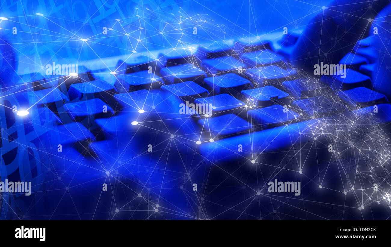 Computer hacker typing on keyboard, circle dots and lines connected ...