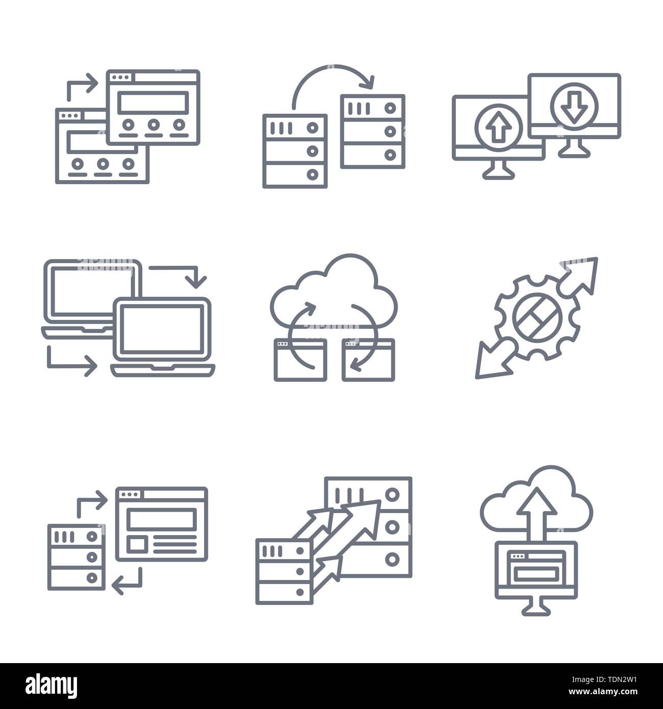 Website Data Transfer Icon Set w laptops, arrows, and imagery of ...