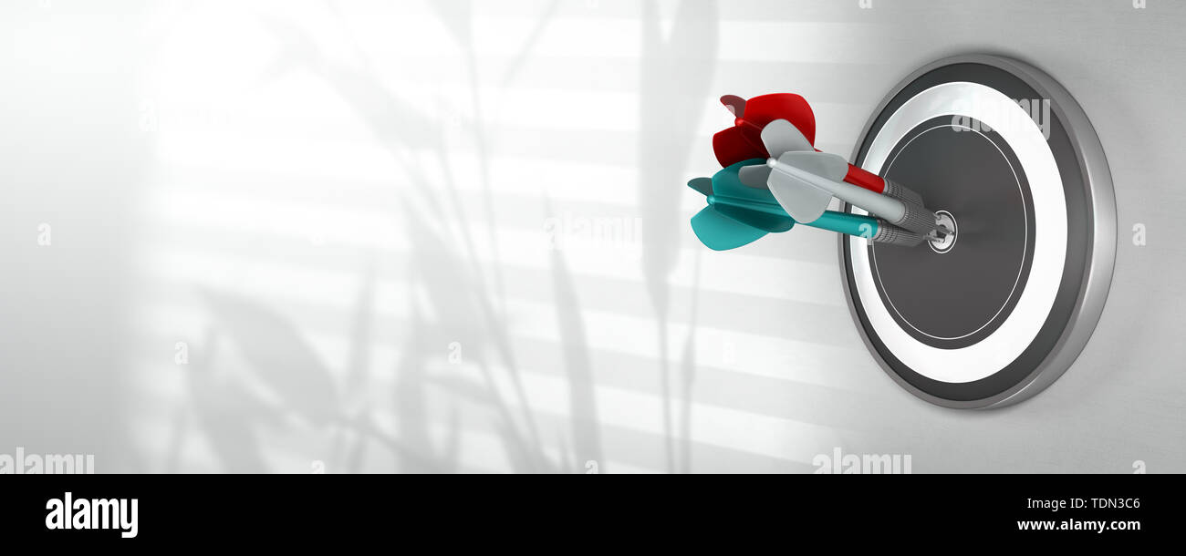 3D illustration of a conceptual target with three darts in the bullseye ...