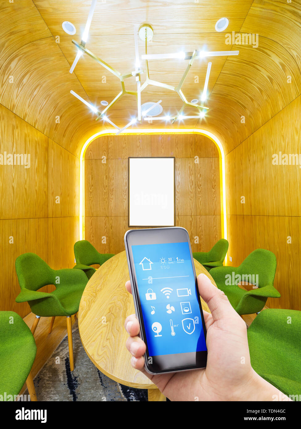 smart phone with smart home with modern dining room Stock Photo - Alamy