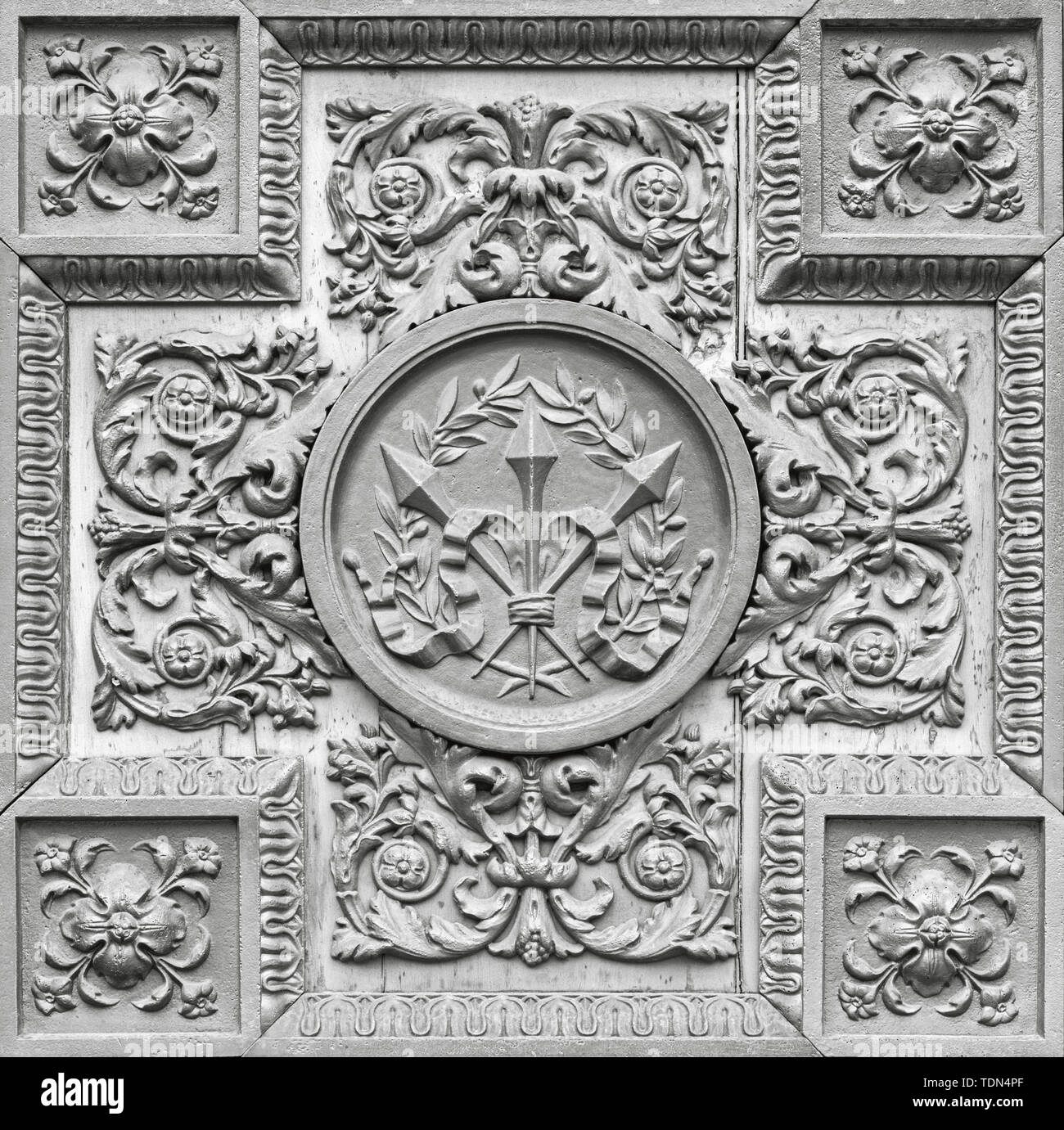 COMO, ITALY - MAY 8, 2015: The metal - wooden relief with the ...