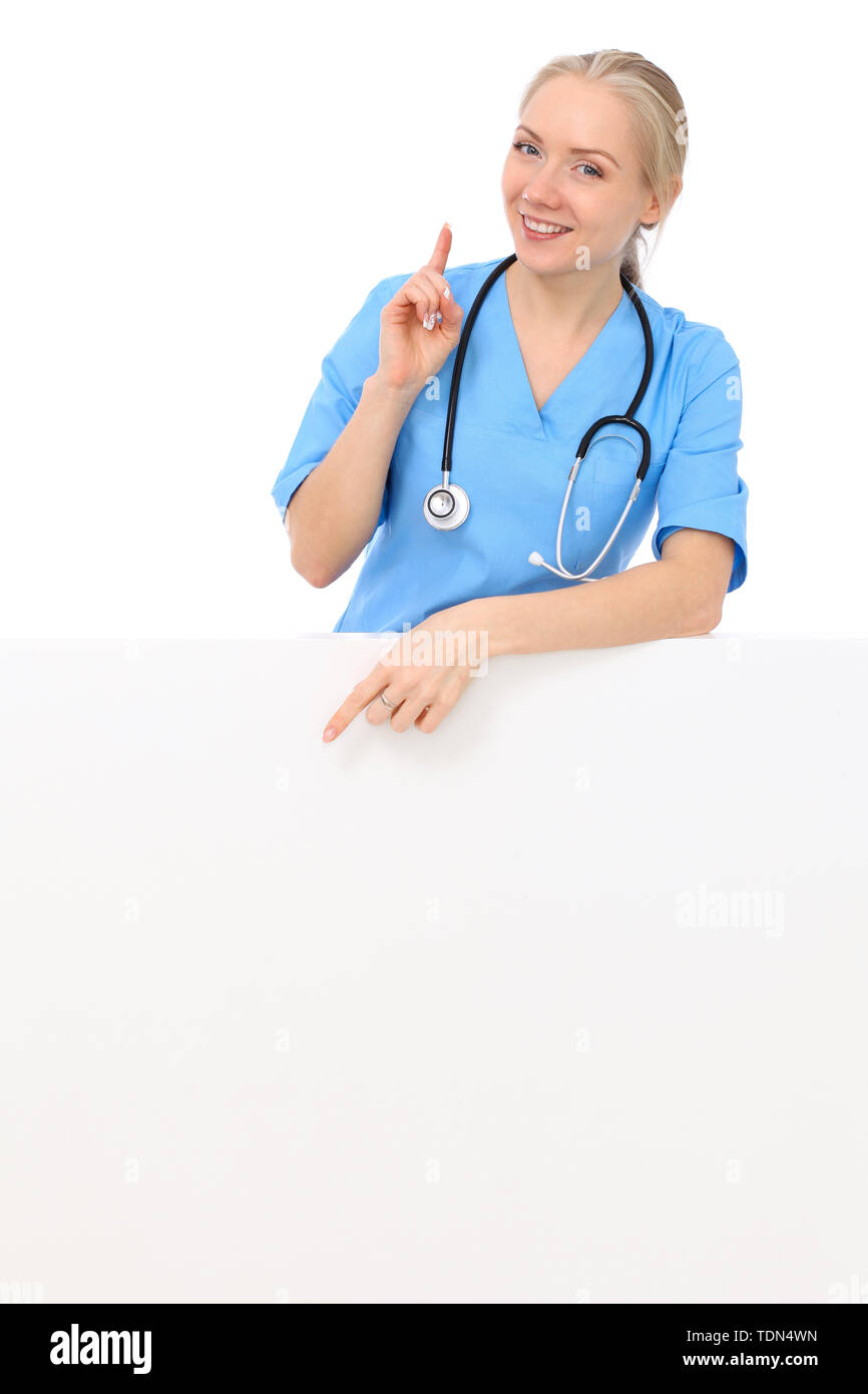 Doctor woman or nurse isolated over white background. Cheerful smiling ...