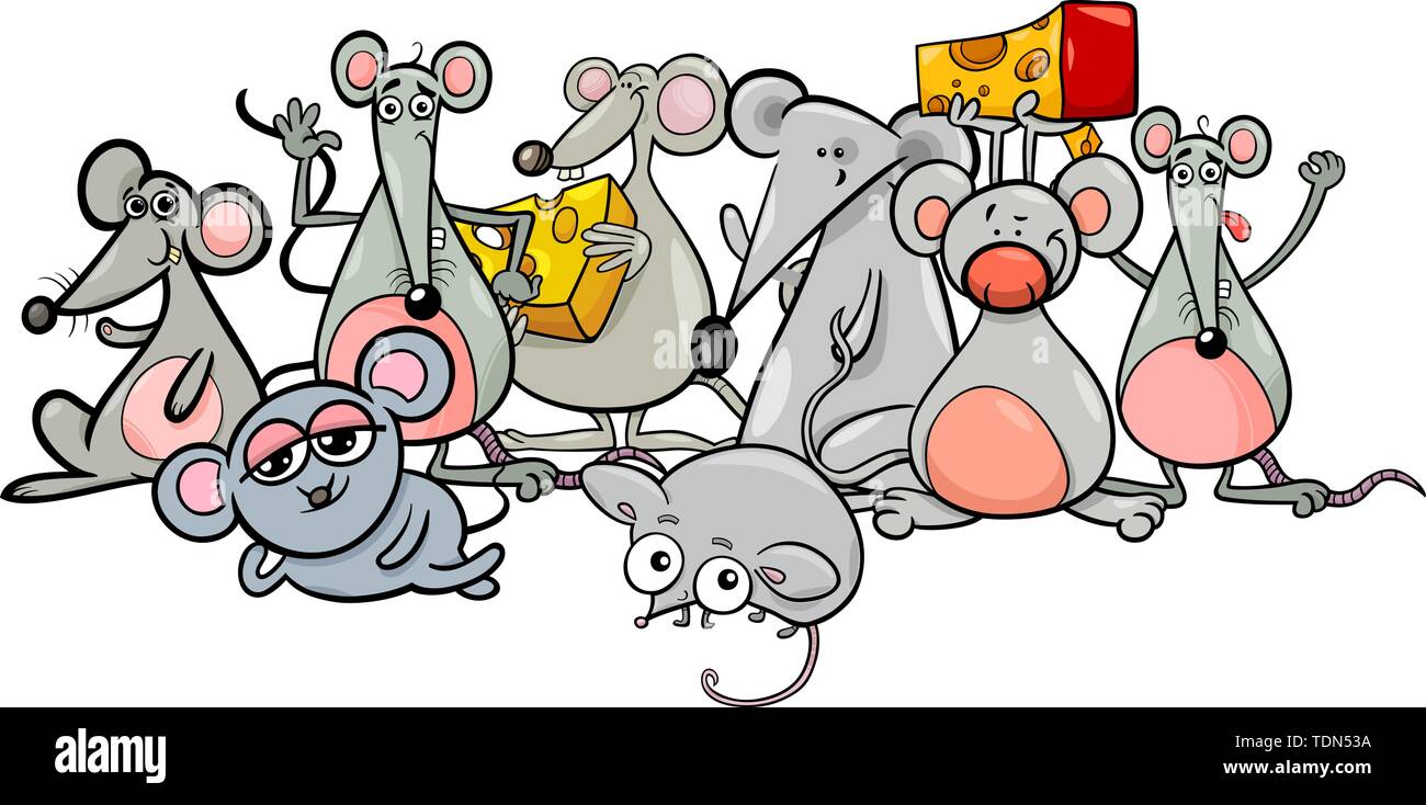 Cartoon Illustration of Cute Mice Characters Group with Cheese Stock ...