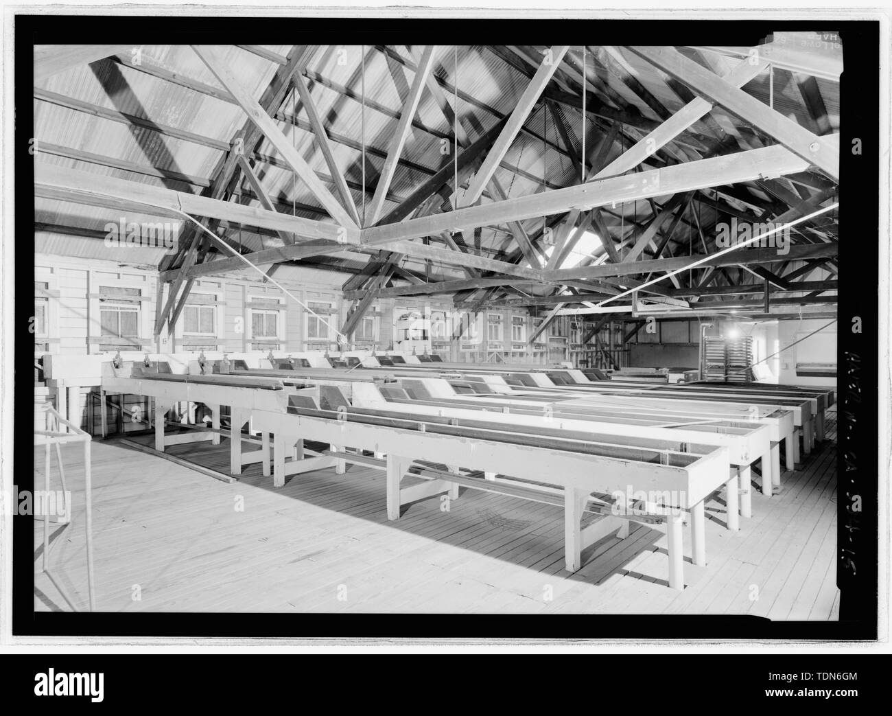 Perspective view of the interior main hatchery building, view to the ...