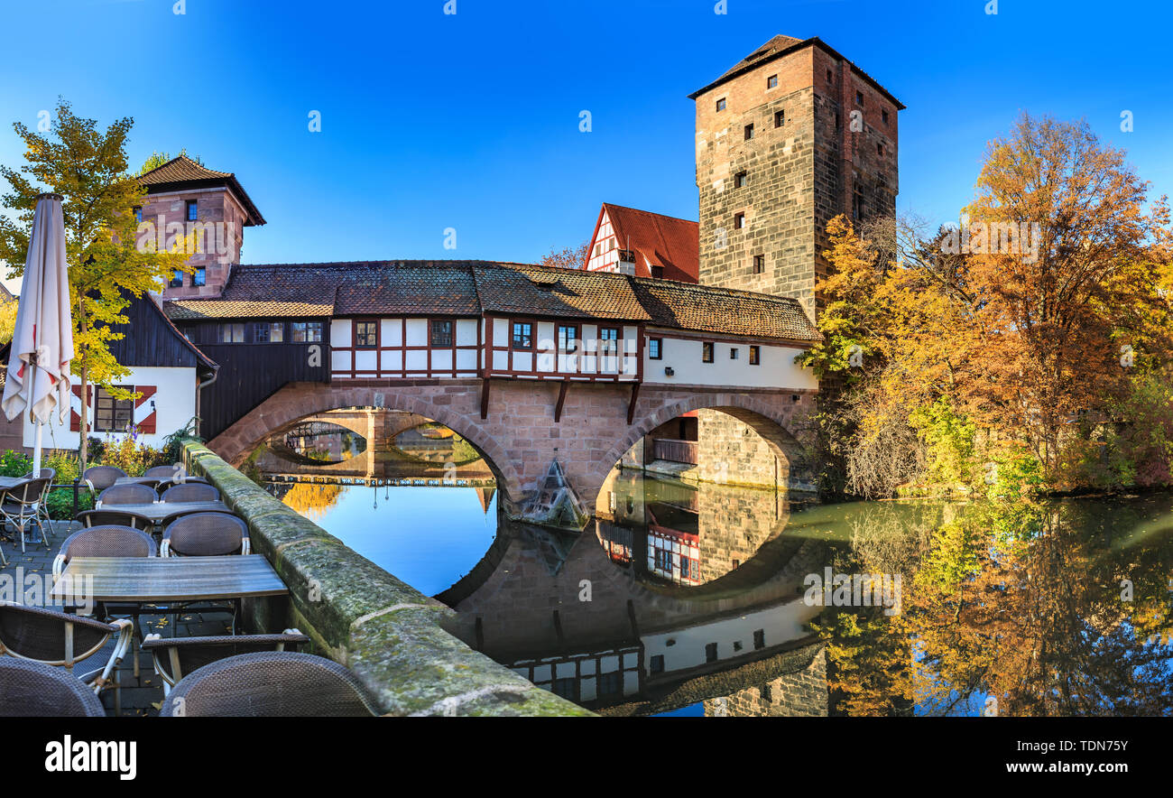The riverside of Pegnitz river at Henkerhaus in Nuremberg town, Germany ...