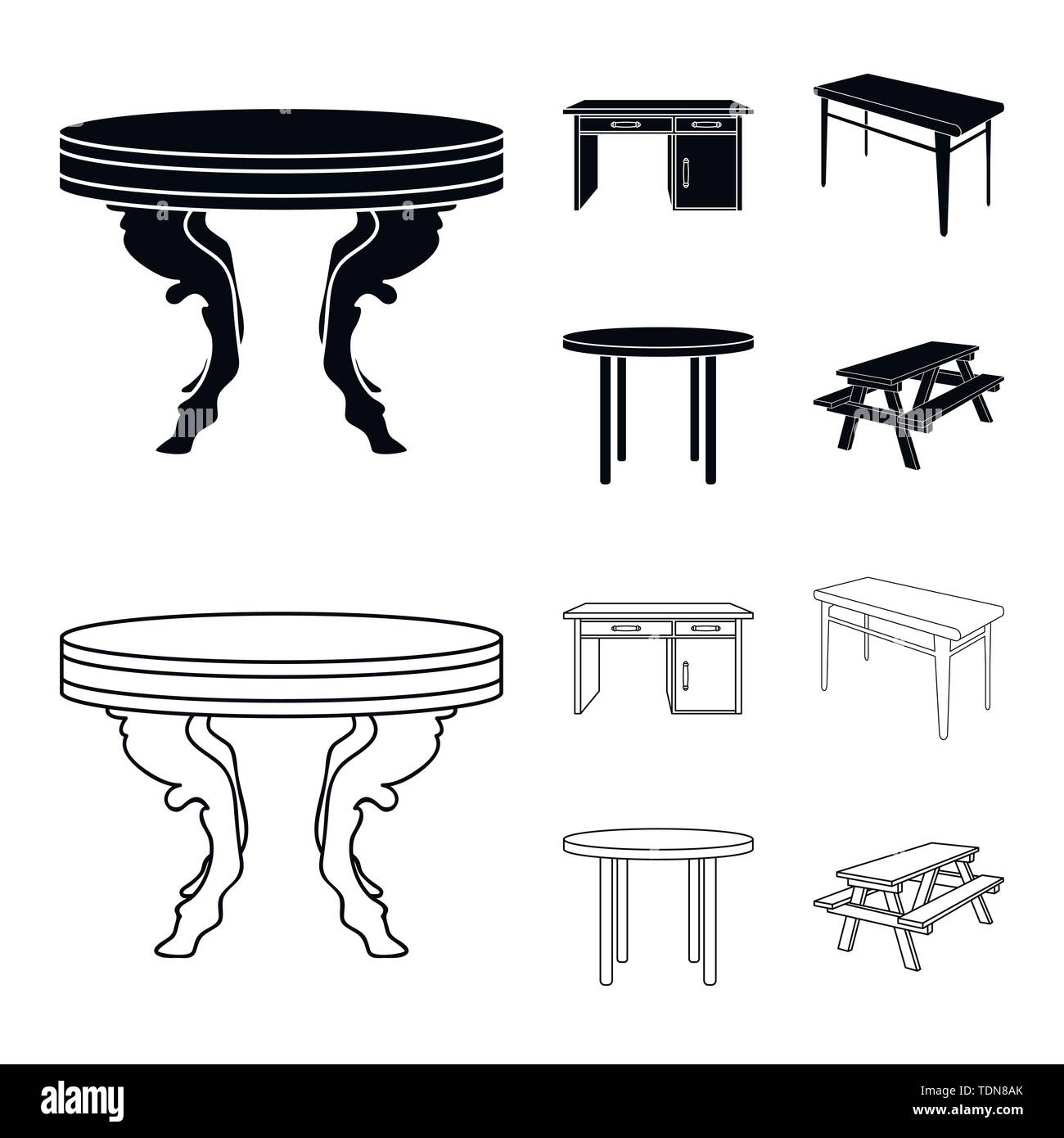 Vector illustration of table and wooden sign. Set of table and desk ...