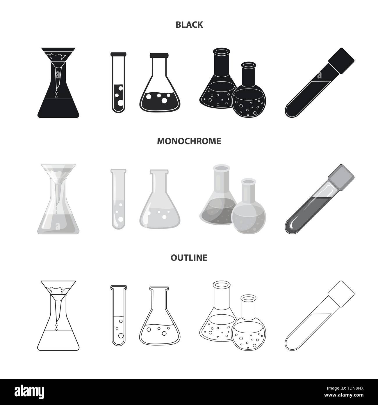 Vector illustration of flask and laboratory symbol. Set of flask and ...