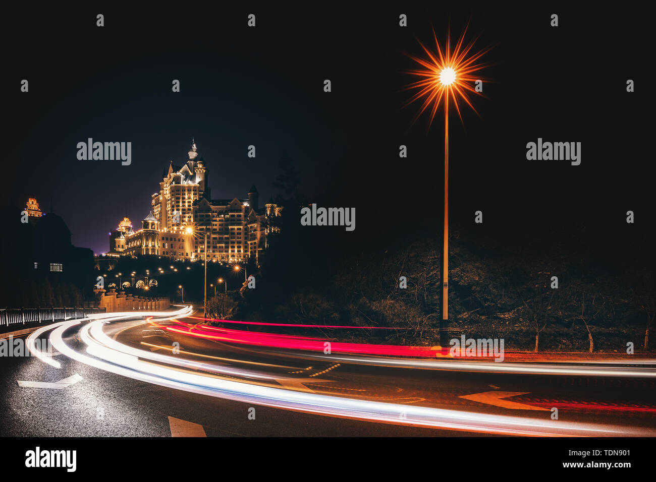 Night view of the castle on the Dalian side Stock Photo - Alamy