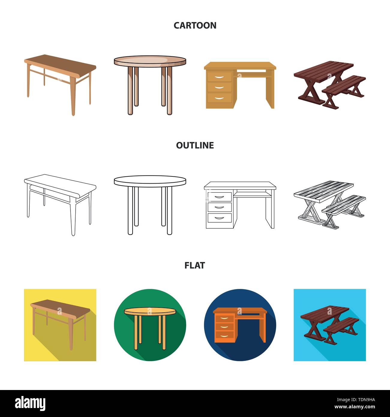 Vector design of table and wooden sign. Set of table and desk stock ...