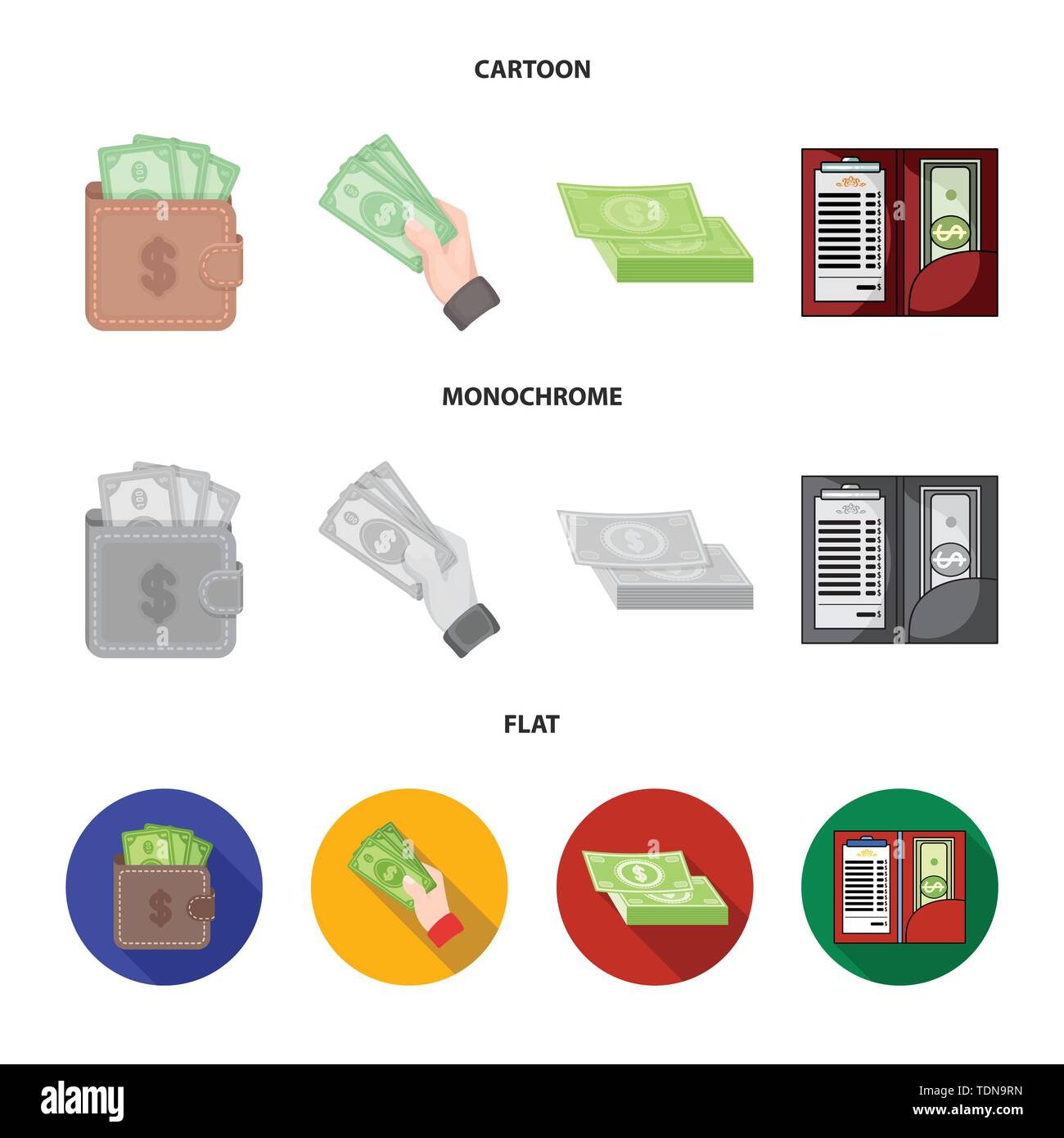 Vector illustration of cash and currency symbol. Set of cash and stack ...