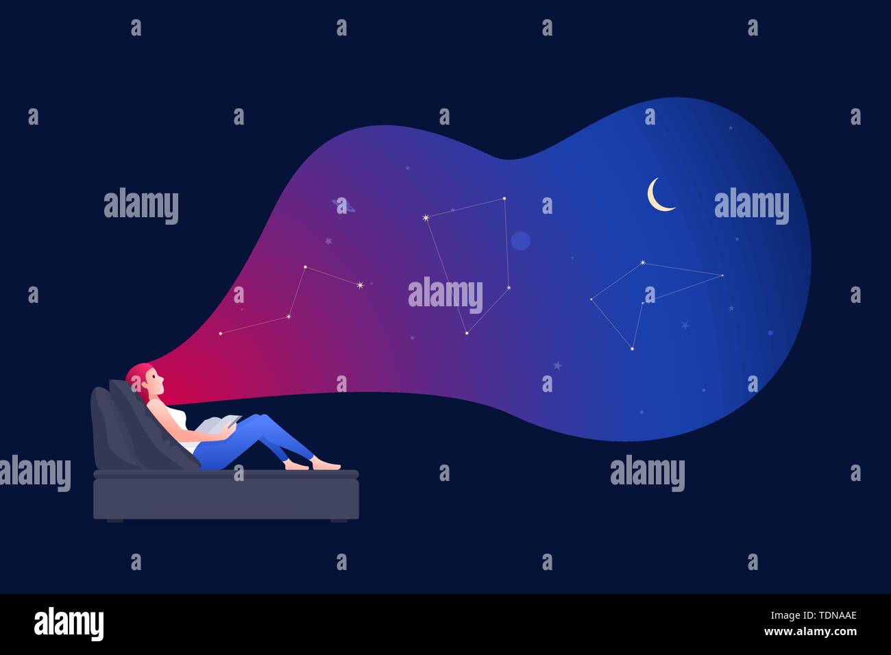 Vector illustration young woman is reading a book and dreaming. Concept ...