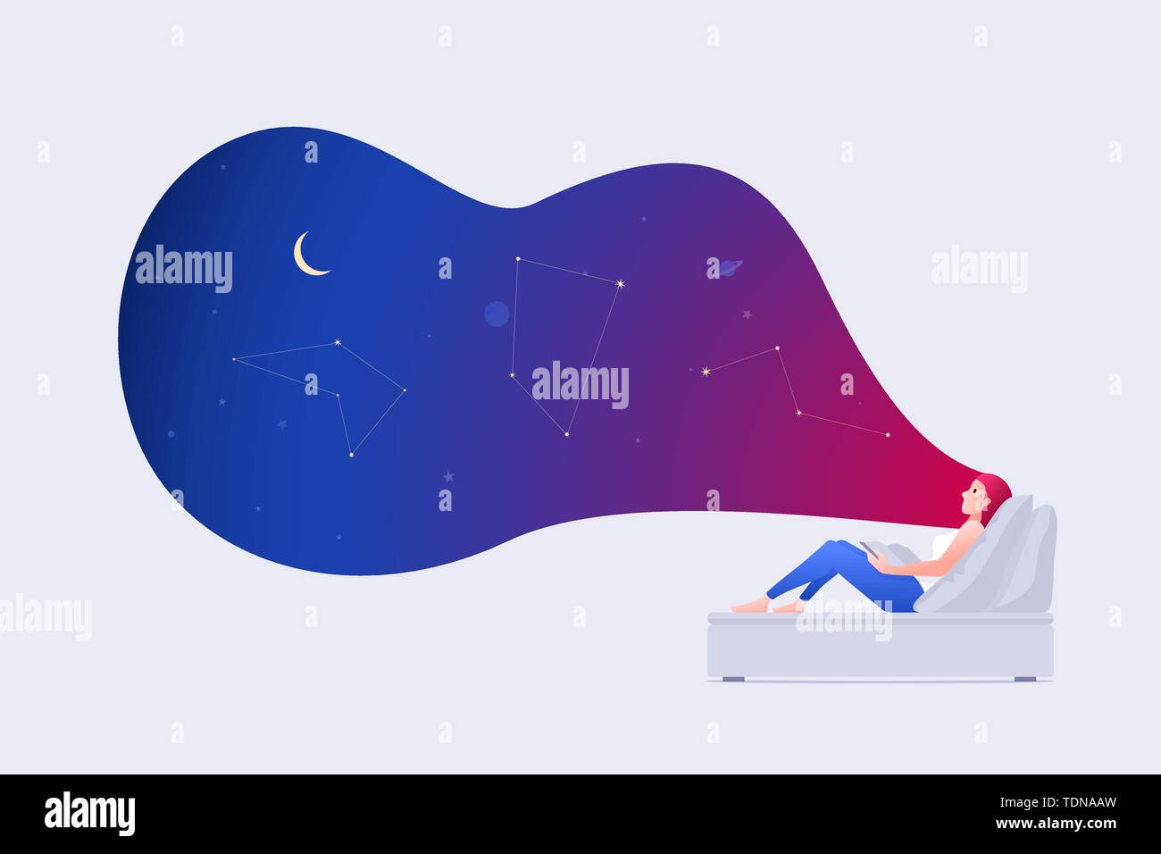 Vector illustration young woman is reading a book and dreaming. Concept ...