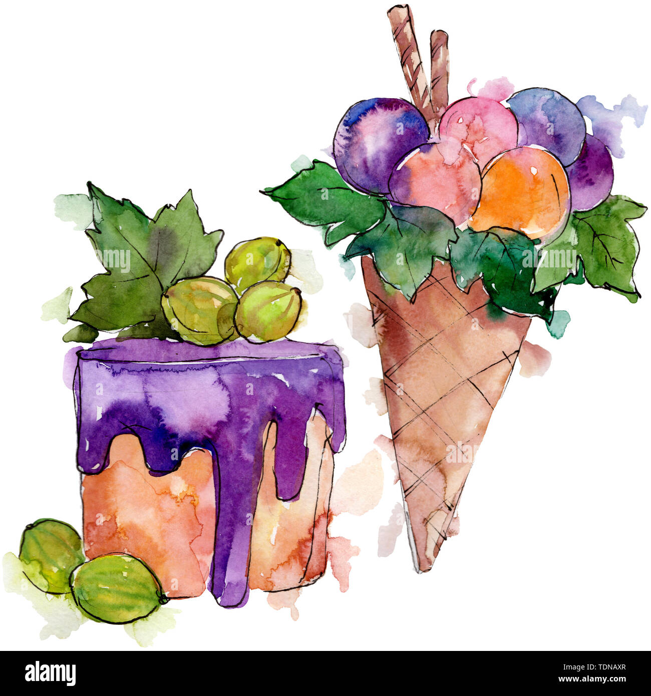 Tasty ice cream cone sweet dessert. Watercolor background illustration ...
