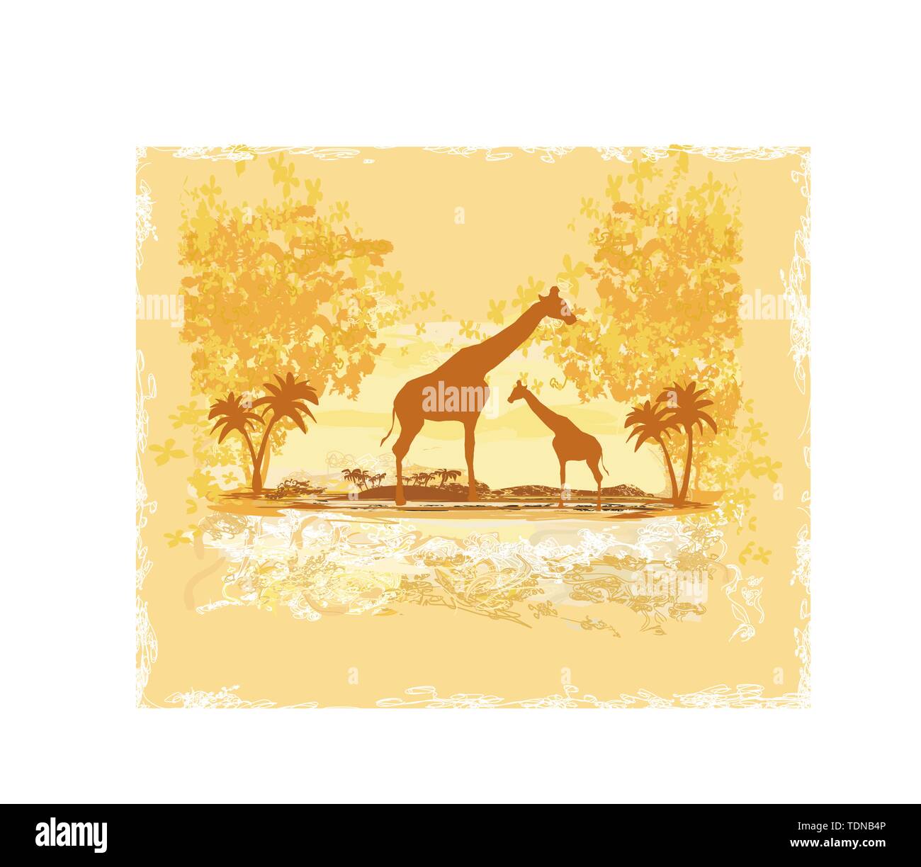 Grunge background with giraffe silhouette on abstract African landscape ...