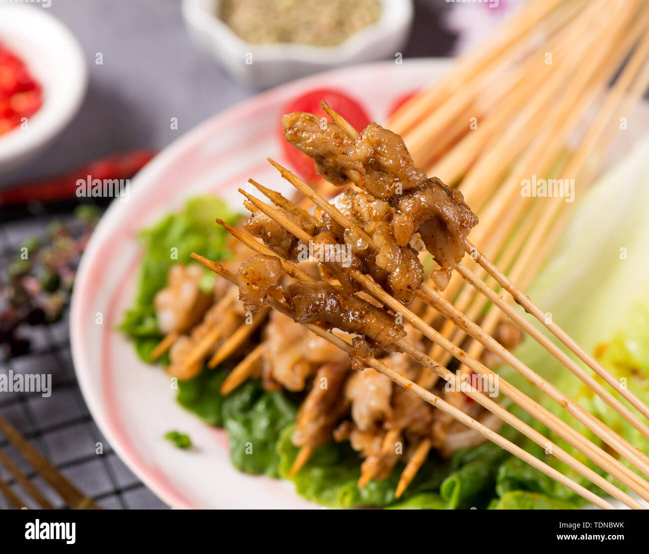 Iron plate barbecue lamb kebab, duck gizzard, lamb, pork beef Stock ...