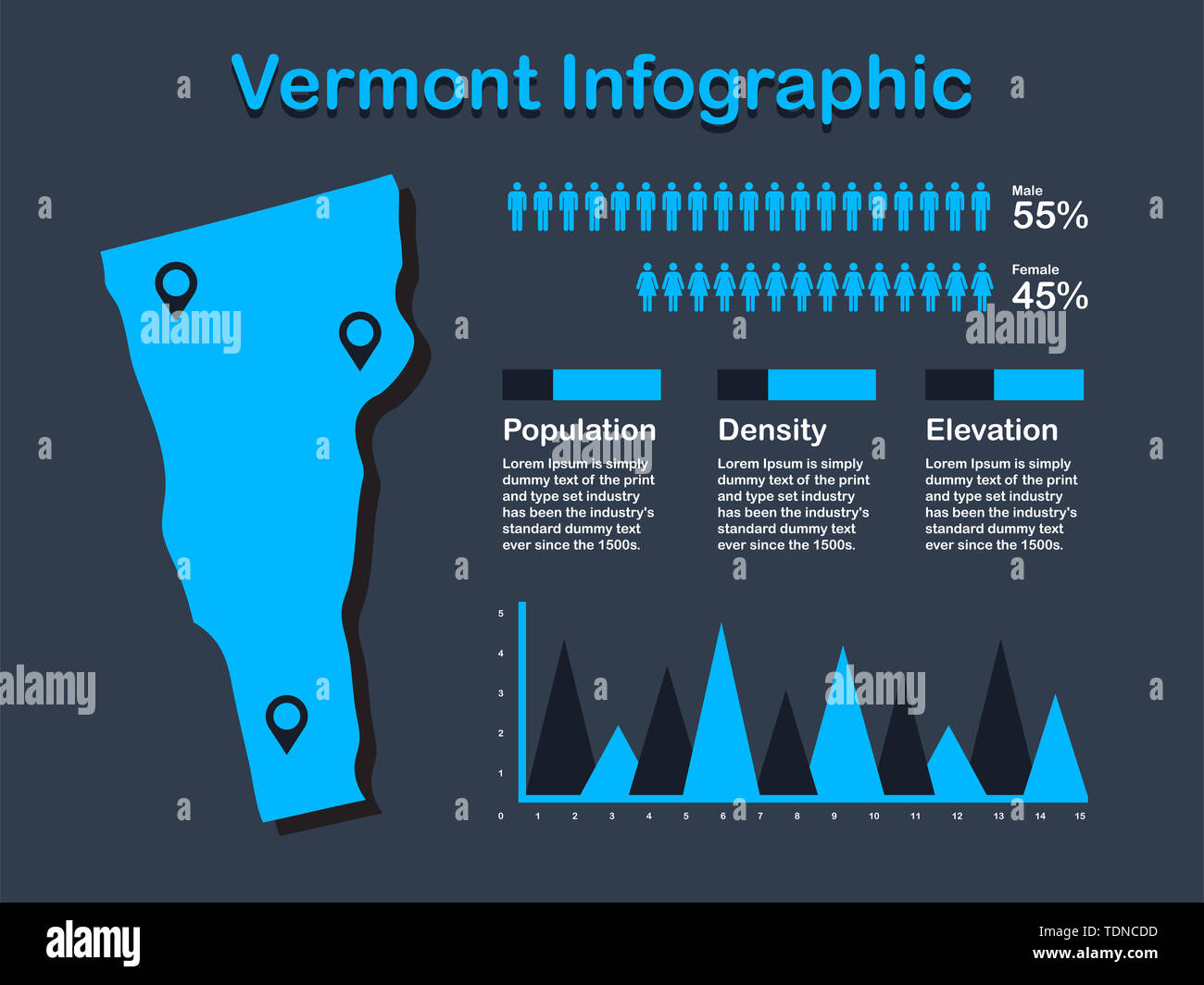 Vermont State (USA) Map with Set of Infographic Elements in Blue Color ...
