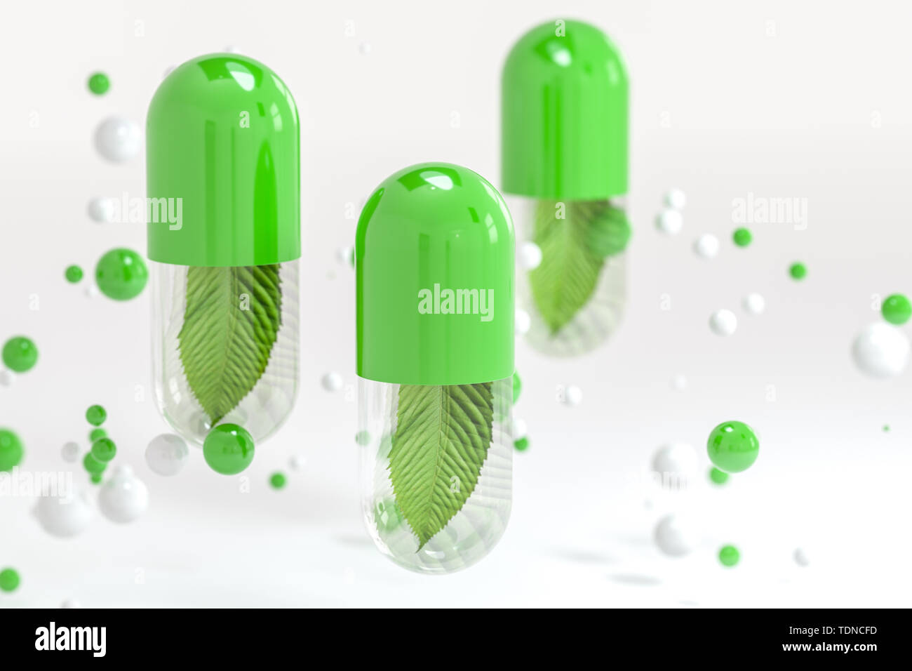 Three dimensional rendering, green capsule with pure white background ...