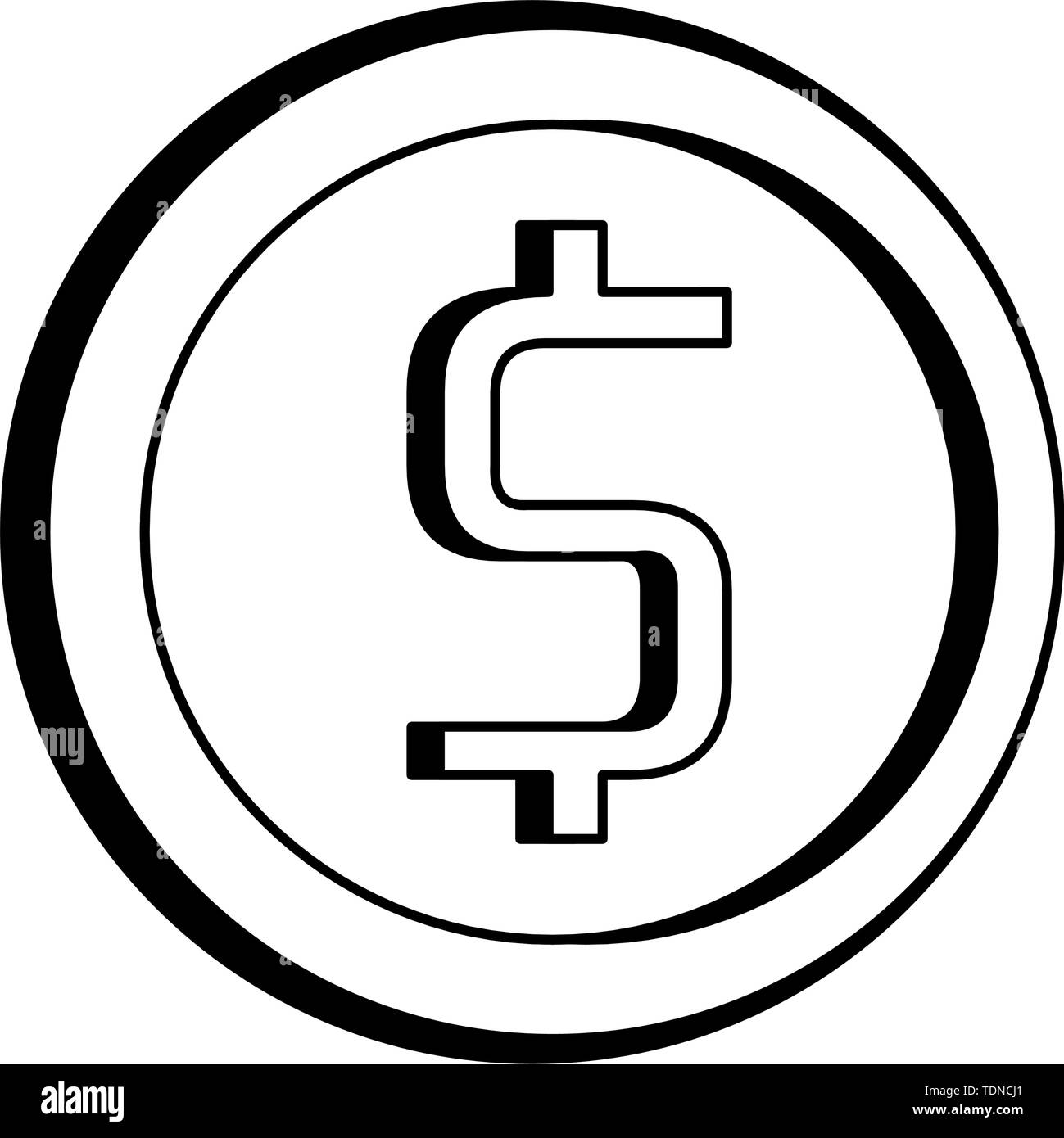 Moeny coin with cash symbol isolated in black and white Stock Vector ...