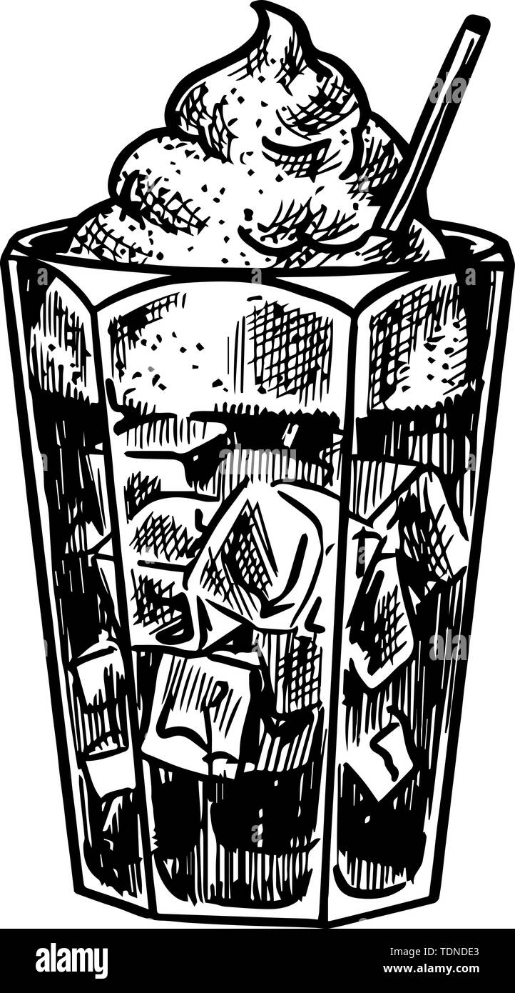 Cup of coffee in vintage style. Frappe in a glass. Hand drawn engraved ...
