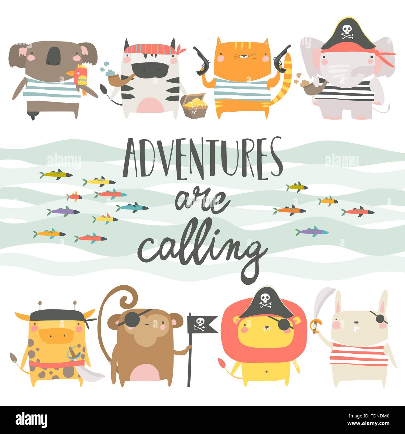 Cute animals with pirate and sailor attributes style Stock Vector Image ...