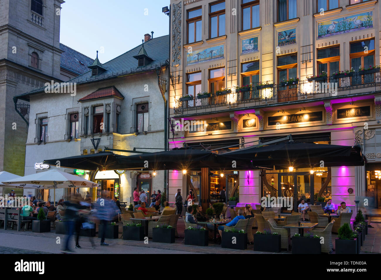 Kosice (Kaschau): main square Hlavna, hotel Slavia, restaurant in ...