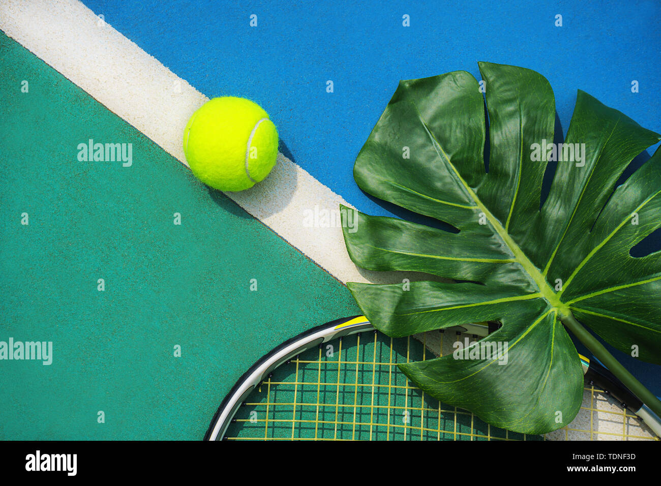 Summer tropical tennis concept with green monstera leaf and ball ...