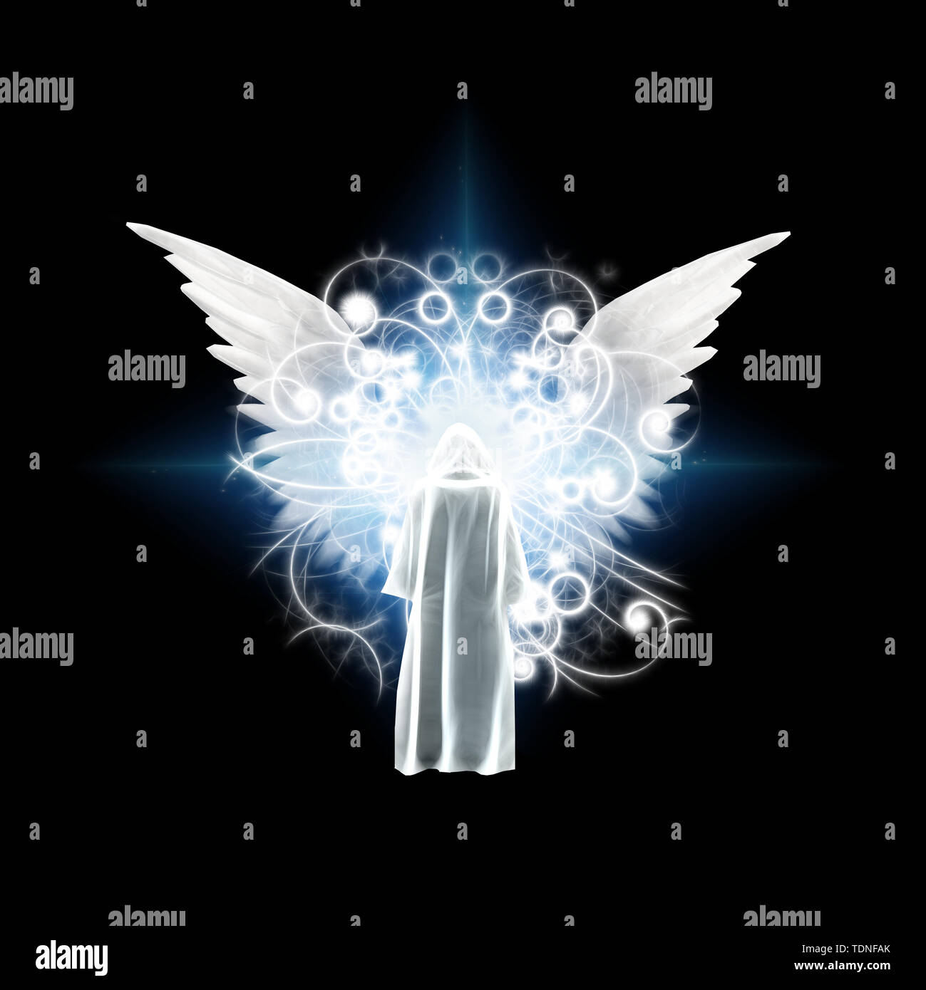 Surreal digital art. Figure in white cloak stands before bright light ...