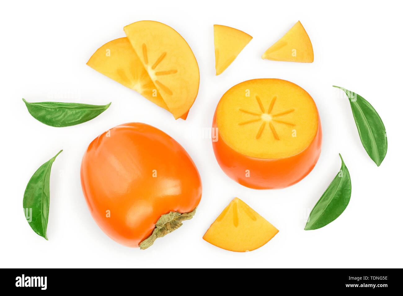 persimmon fruit slice with leaves isolated on white background. Top ...
