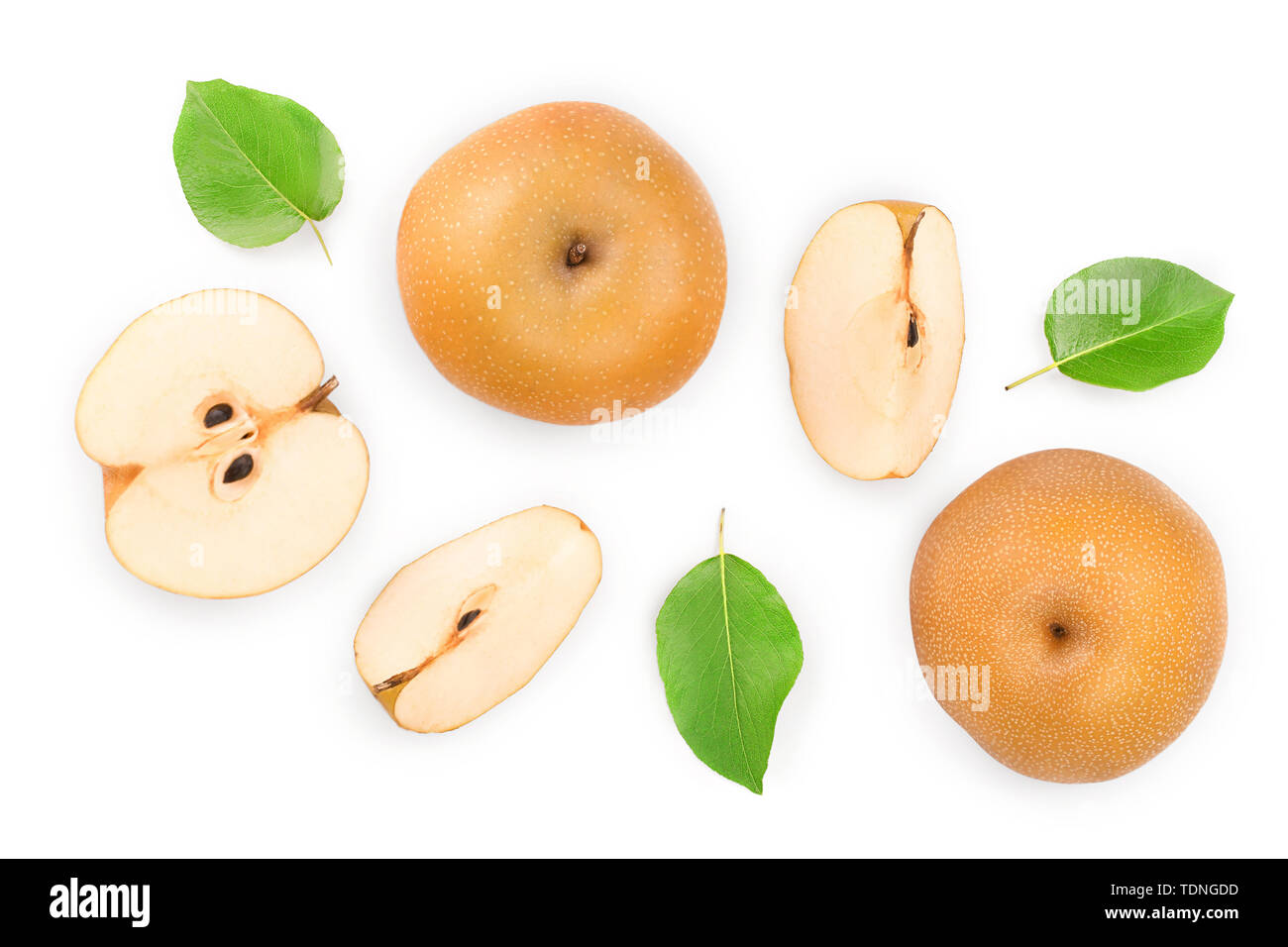 Fresh asian pear with leaves isolated on white background. Top view ...