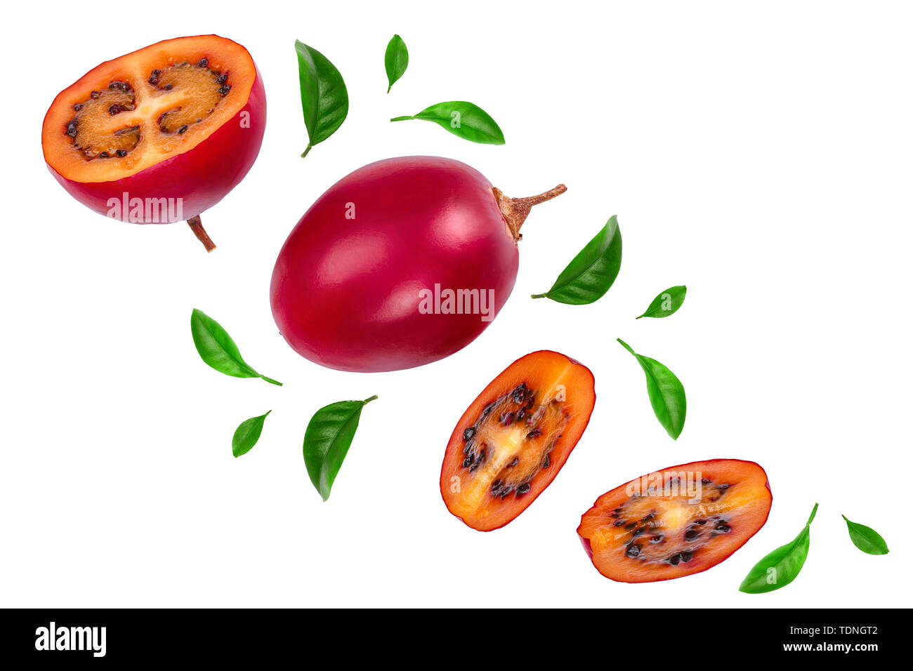 Fresh tamarillo fruit with leaves isolated on white background. Top ...