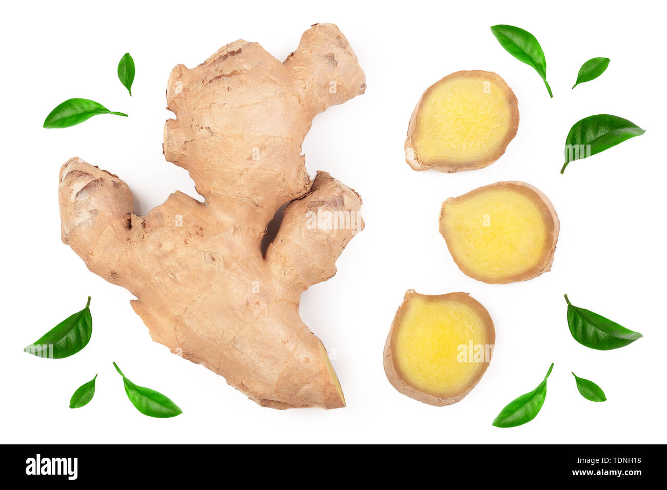 fresh Ginger root and slice isolated on white background. Top view ...