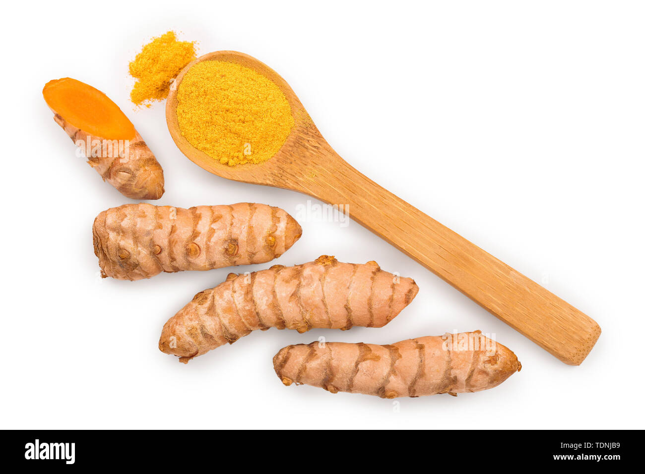Turmeric powder and turmeric root isolated on white background. Top ...