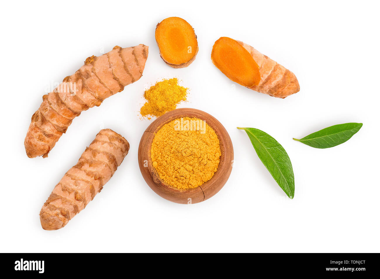 Turmeric powder and turmeric root isolated on white background. Top ...