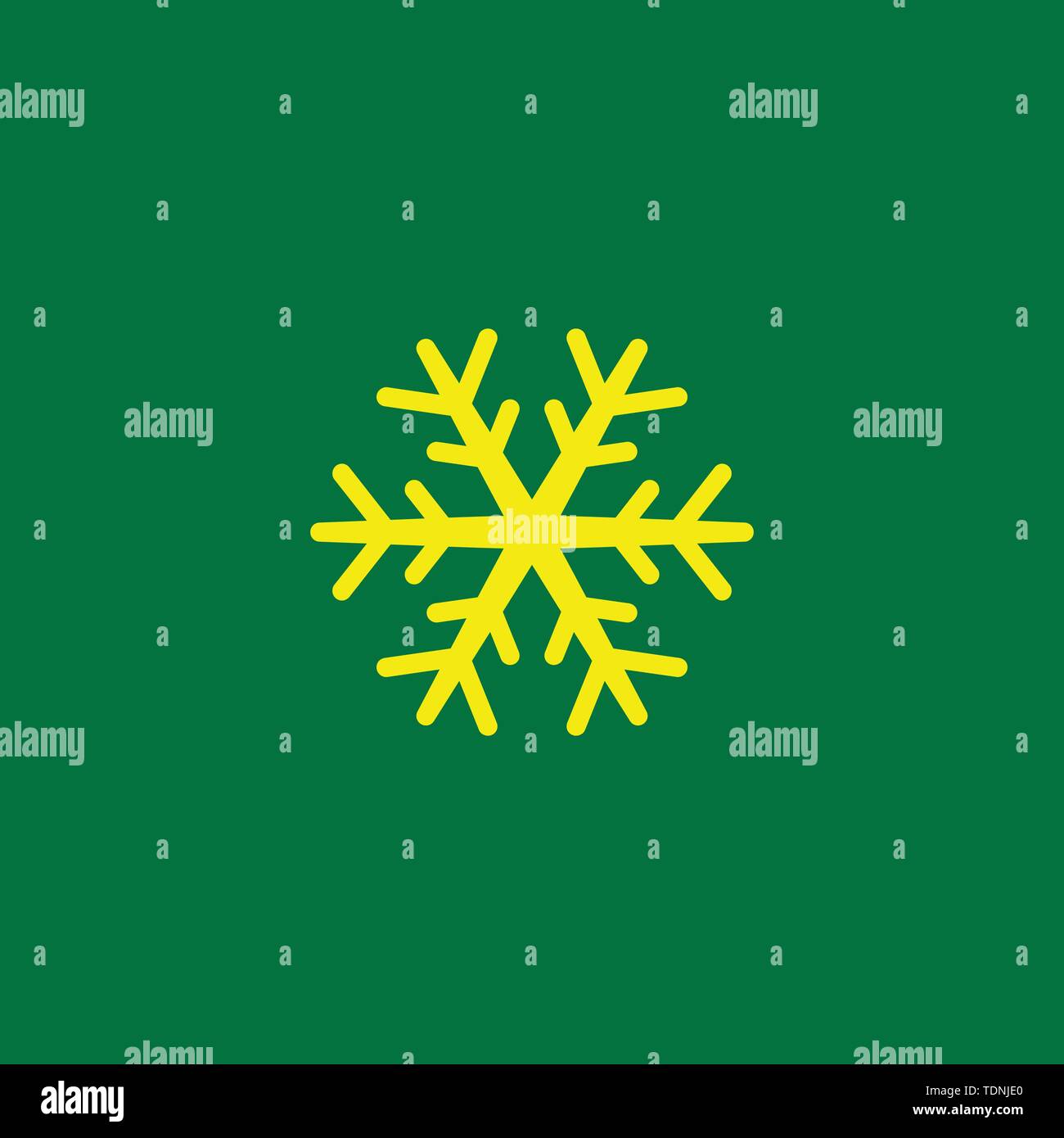 Yellow Snowflake flat icon. Icons isolated on a green background. Snow ...