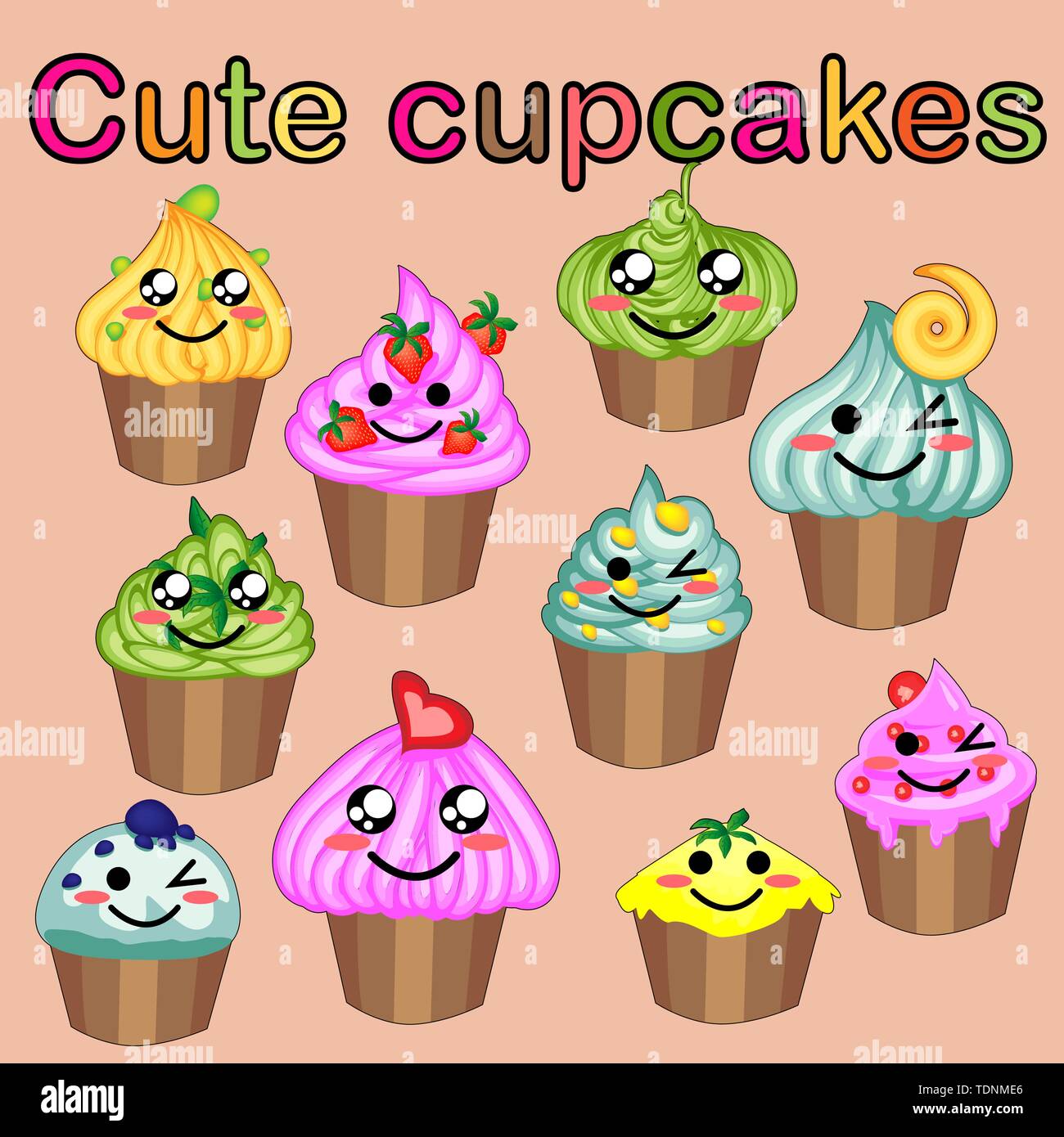 Set of cute sweet icons in kawaii style with smiling face and pink ...