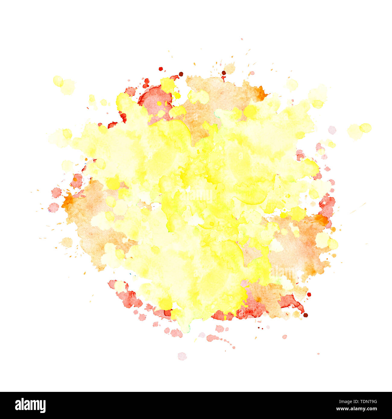 Watercolor spot of pale yellow color with splashes of orange and ...