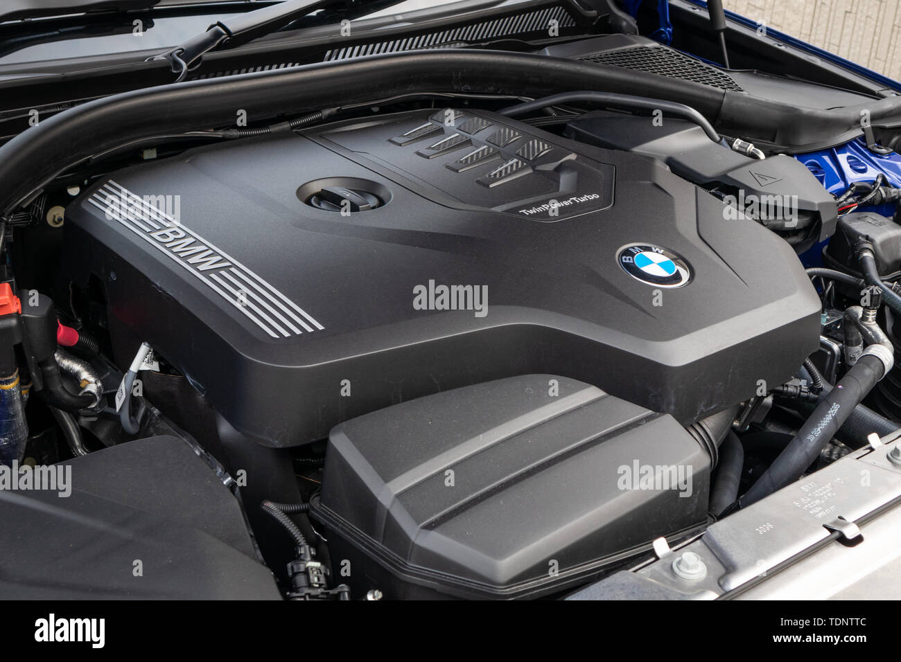 Hong Kong, China April, 2019 : BMW 3-Series Engine on April 11 2019 in ...