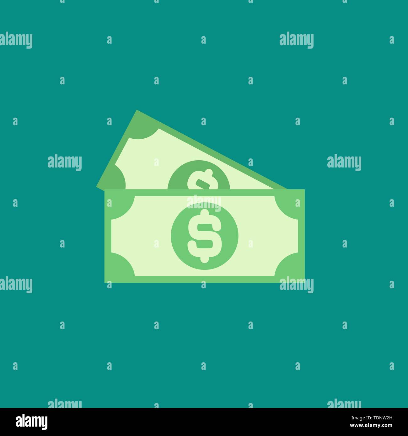 Green bank notes with dollar sign. Flat icon isolated on blue. Money ...