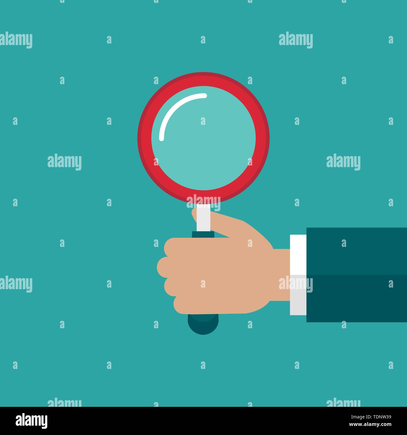 hand with red magnifier isolated on blue. Magnifying glass. Detective ...