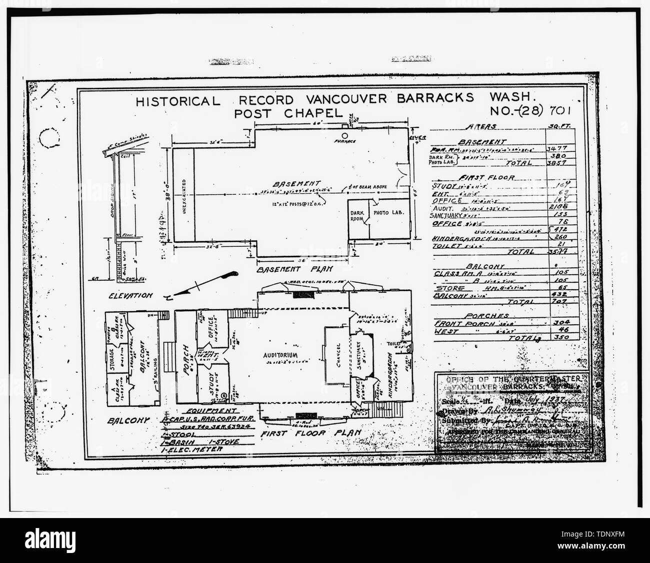 Photocopy of a 1937 plan view drawing of the Basement, First Floor and ...
