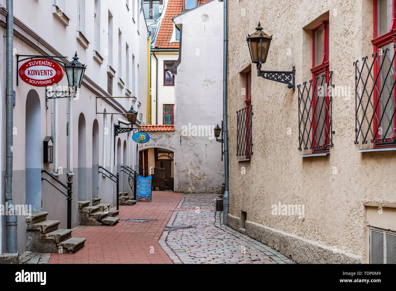 Riga, Latvia, 02 may: Cozy and quiet street paved with cobblestones and ...