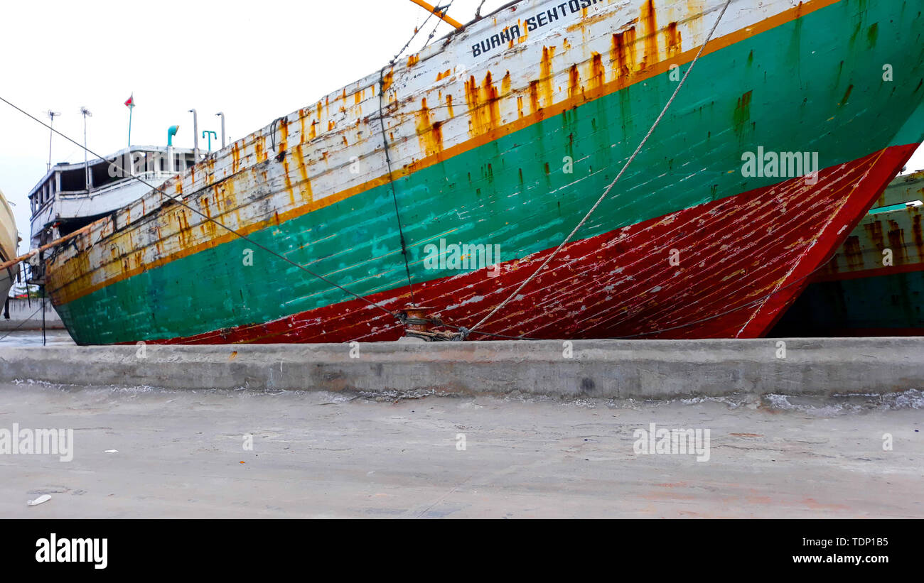 JAKARTA, INDONESIA, JUNE 18 2019 : Container ships in the export and ...