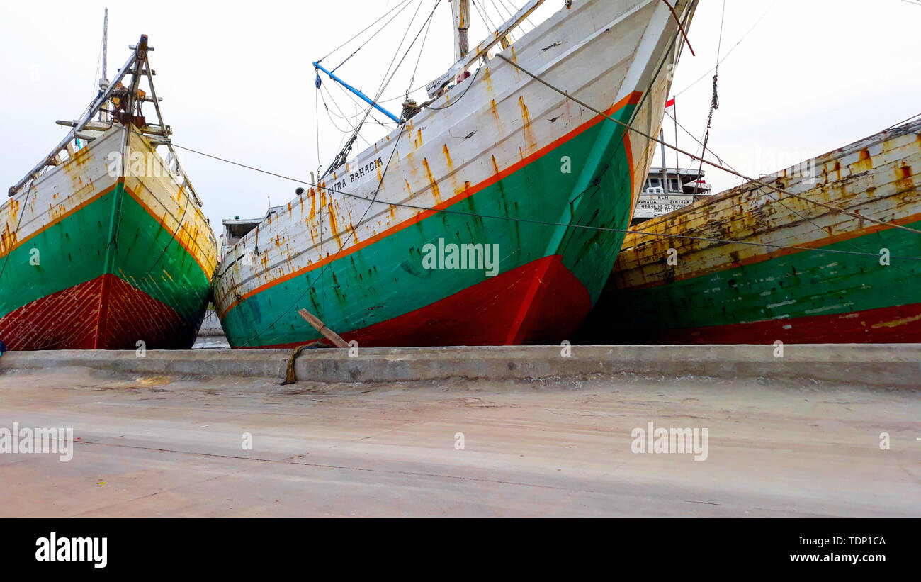 JAKARTA, INDONESIA, JUNE 18 2019 : Container ships in the export and ...