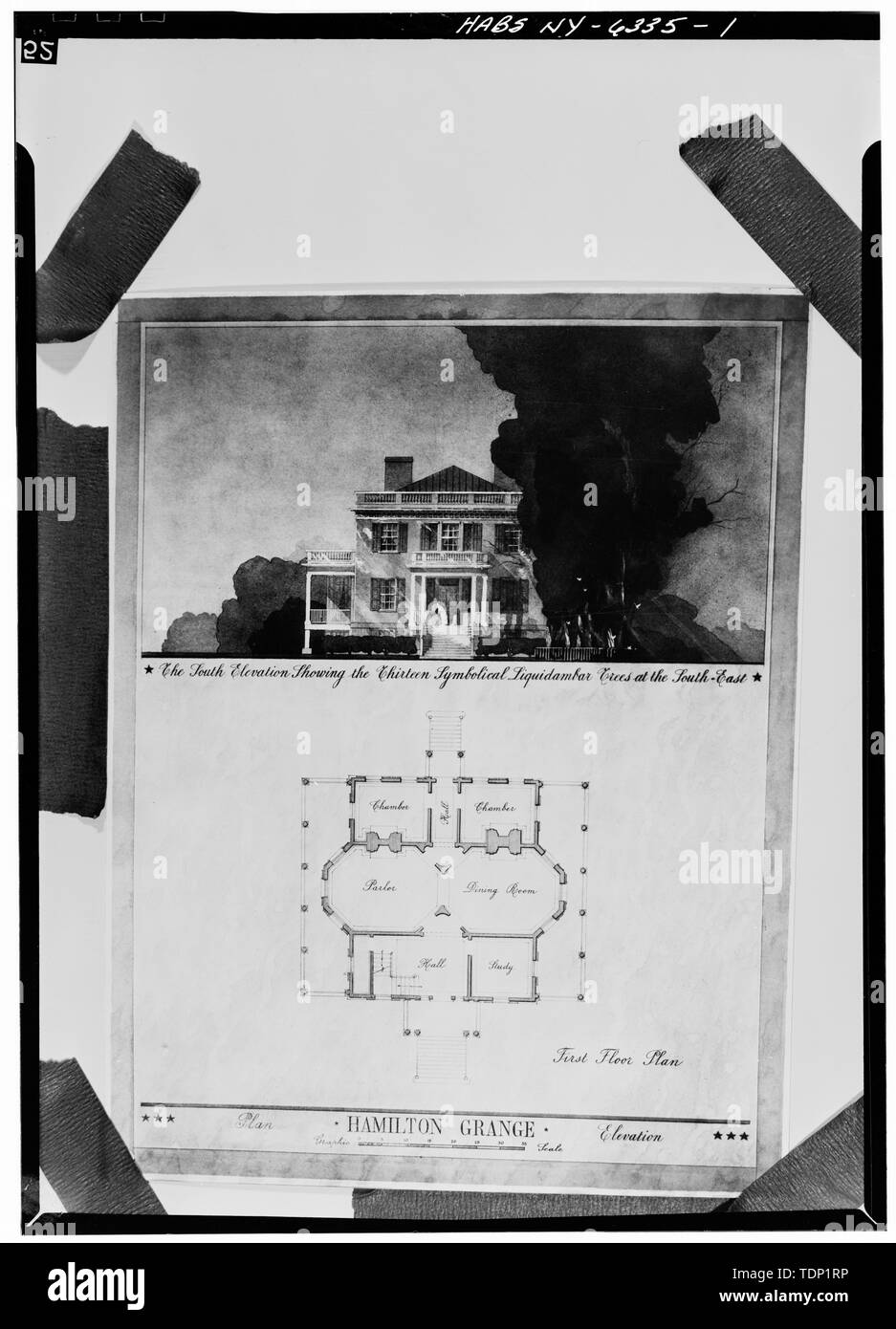 Photocopy of first floor plan and south elevation drawing (from unknown ...