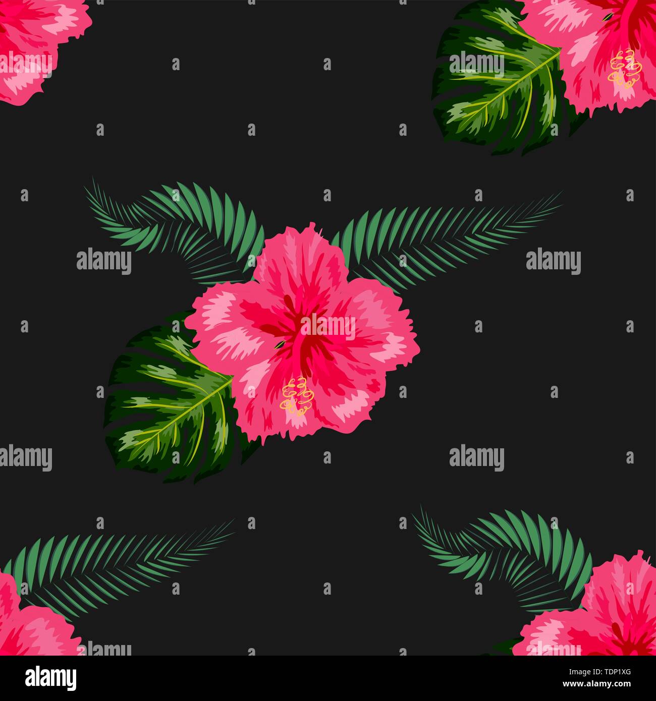 Seamless pattern with tropical leaves and hibiscus flowers Stock Vector ...